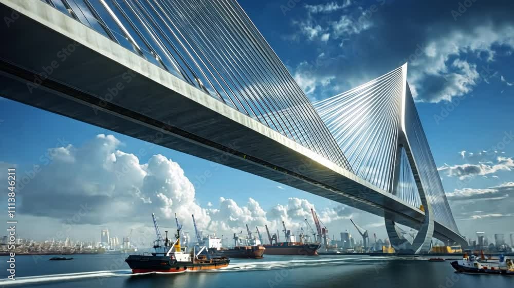 A bridge with a sleek, modern design being built across a busy harbor ...