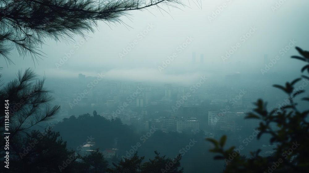 Poster Aerial view of an overcrowded city with smog and dense air ...