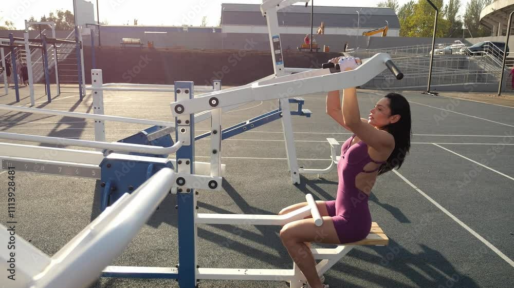 A close-up of a woman doing a traction exercise for her back and arms ...