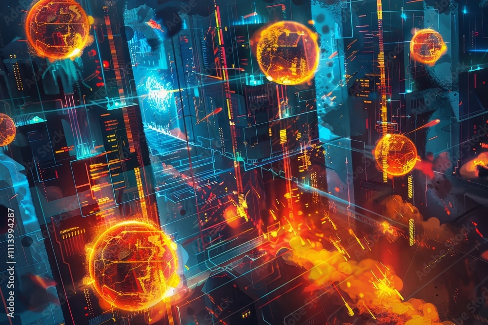 Dynamic art displaying several firewalls warding off threats , A futuristic representation of ...