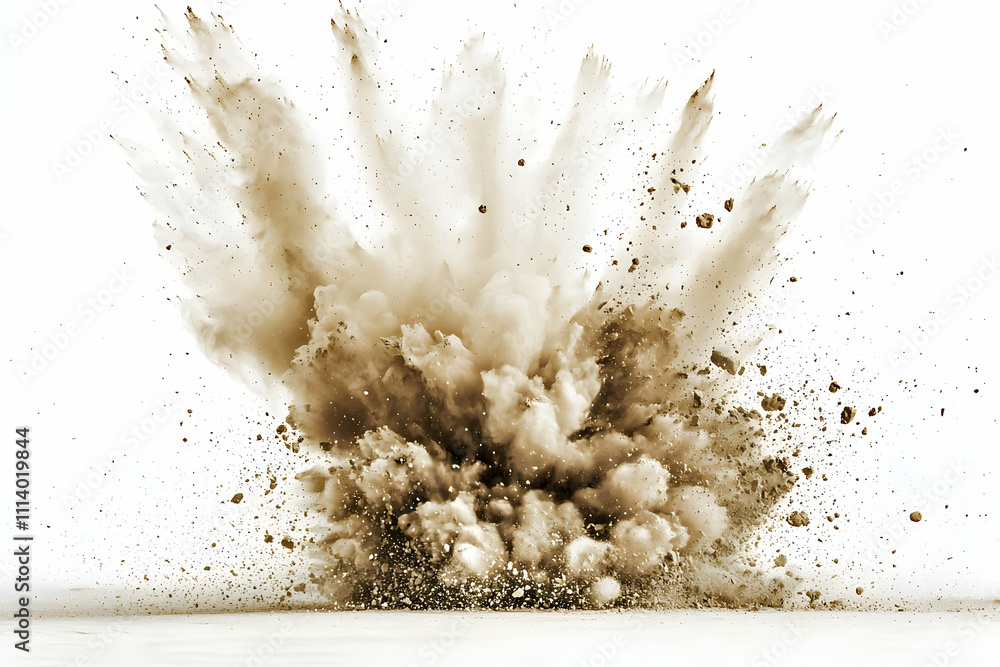 Dust exploding with force, creating a dramatic splash against a white ...