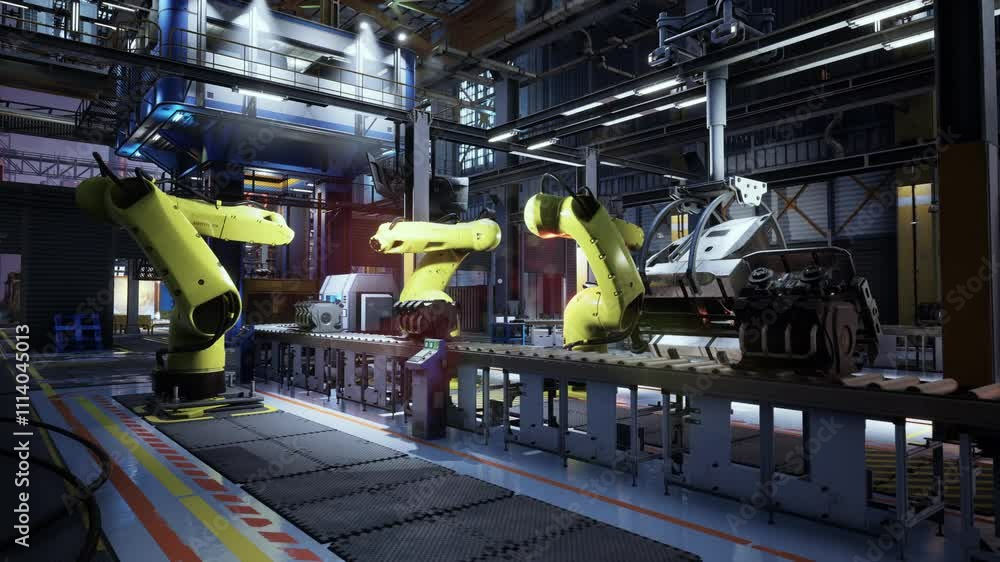 A robotic plant producing heavy equipment, featuring robots working on ...