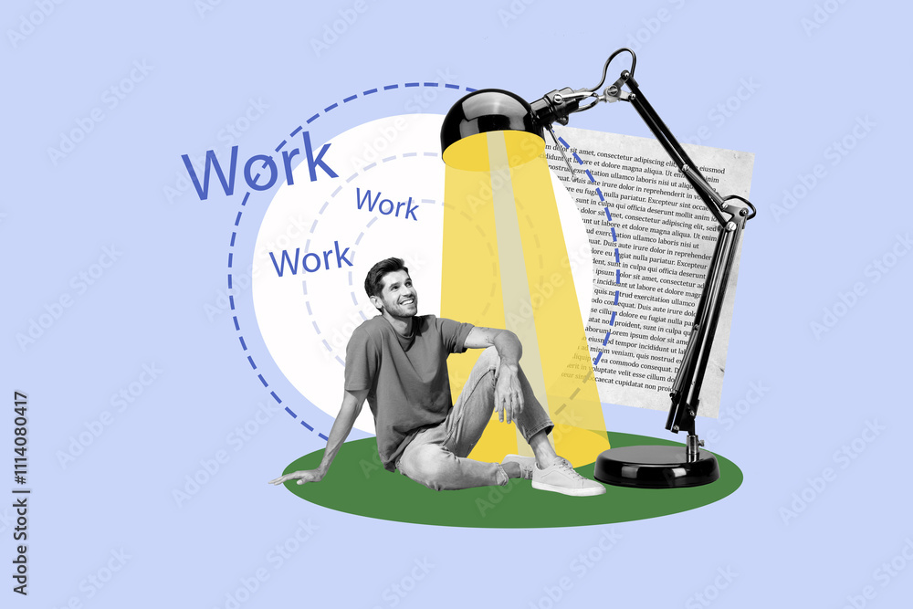 Composite photo collage of happy businessman sit workplace light ray ...