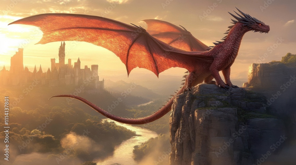 [Fantasy Dragon Castle Landscape Art] Dragon Over Cityscape: Majestic ...