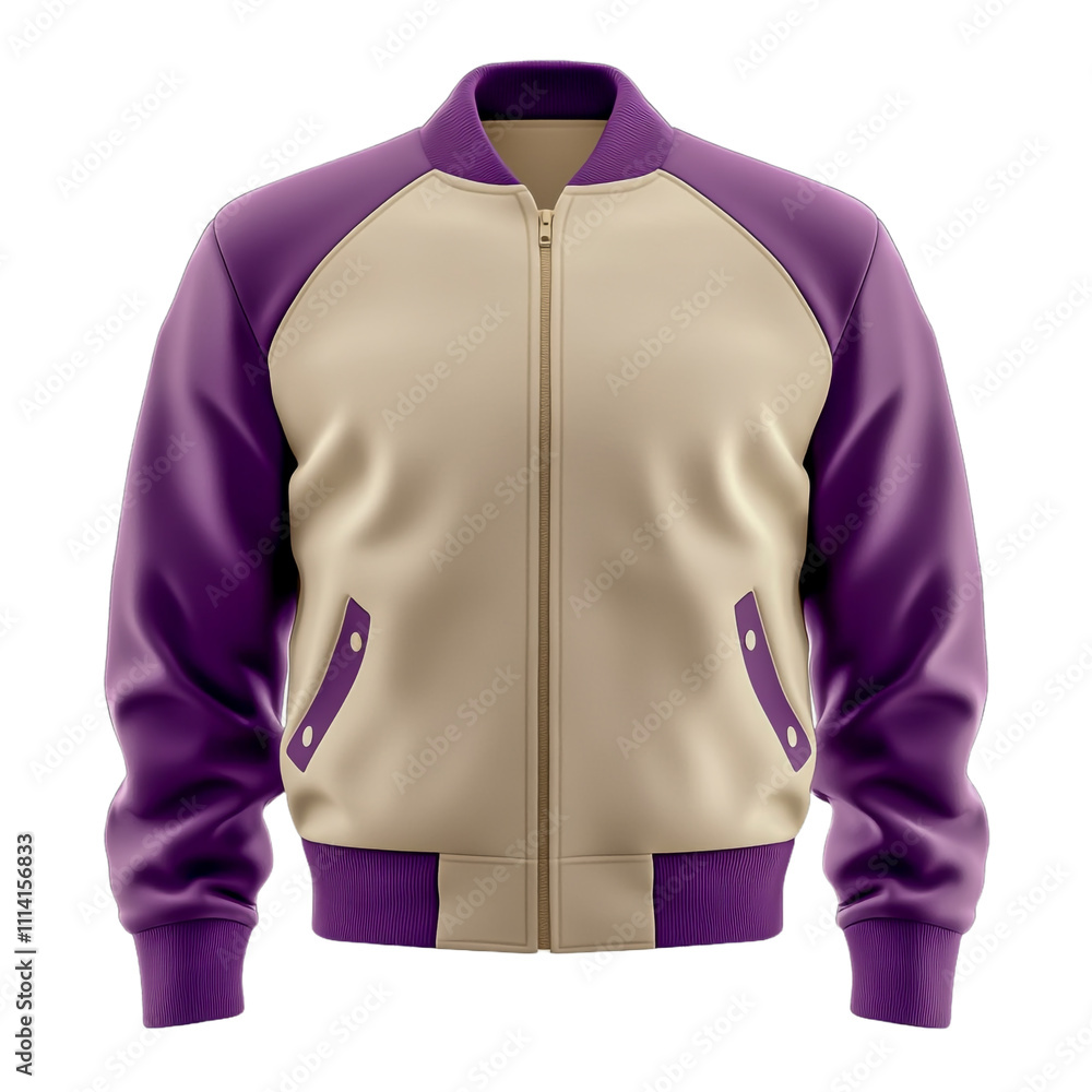 An editable mockup of a varsity jacket with a beige and purple colour ...