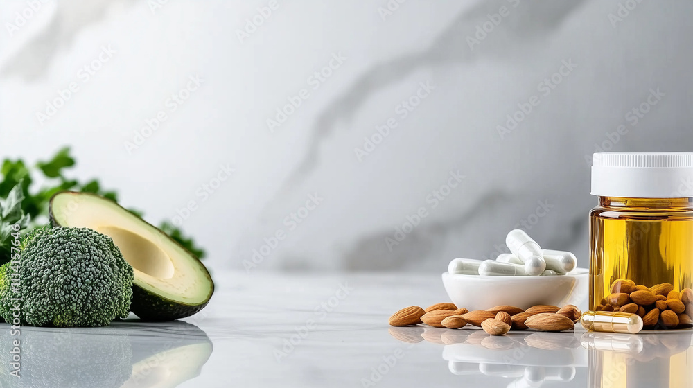 A modern kitchen setup with magnesium supplements on a marble ...