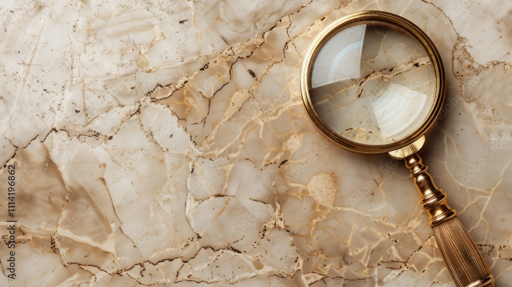 A vintage magnifying glass on a table with a mix of stone, metal ...