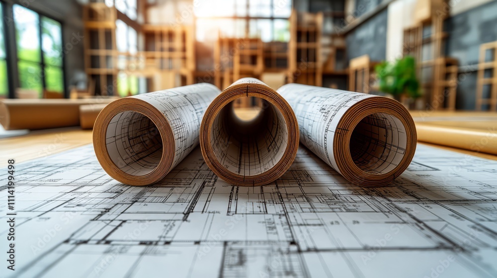 Detailed architectural blueprints with multiple building plans, rolled ...