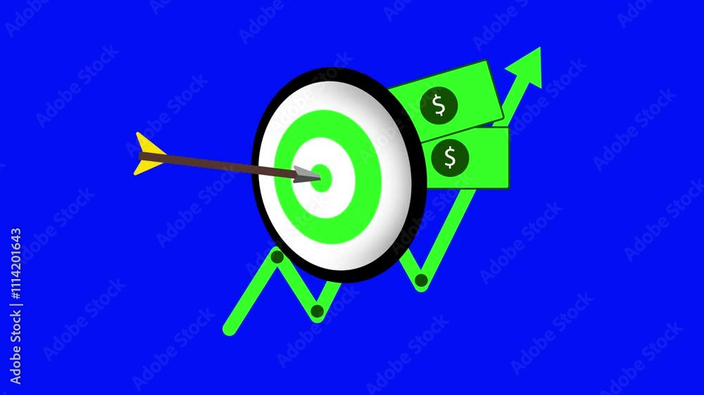 2D animation of a green archery target with graphs and money symbols ...