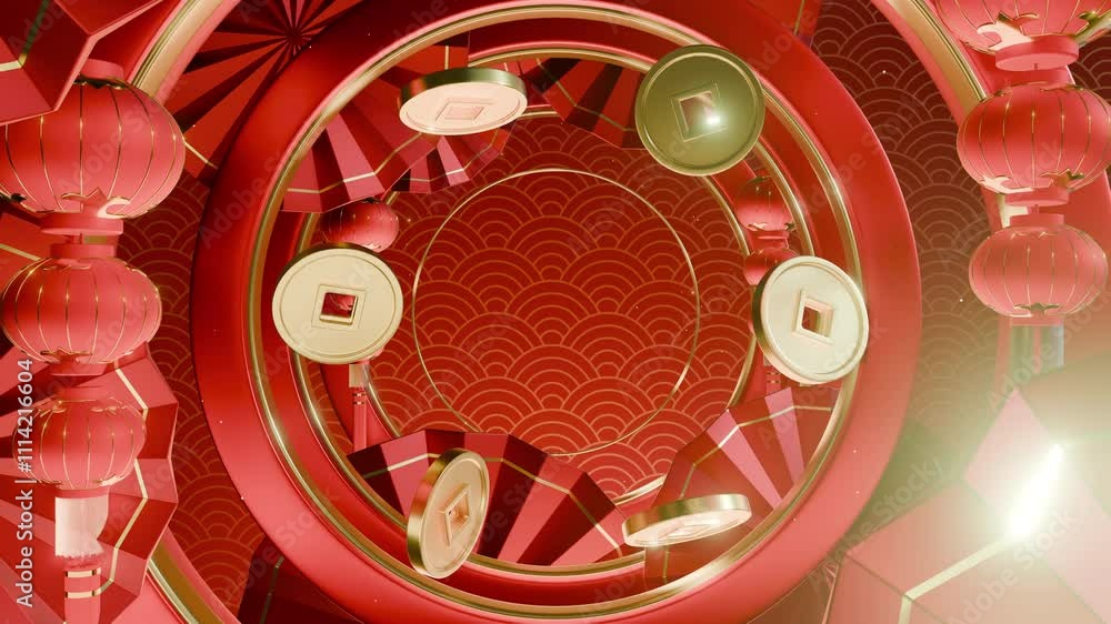 Dynamic red and gold background featuring traditional Chinese coins ...