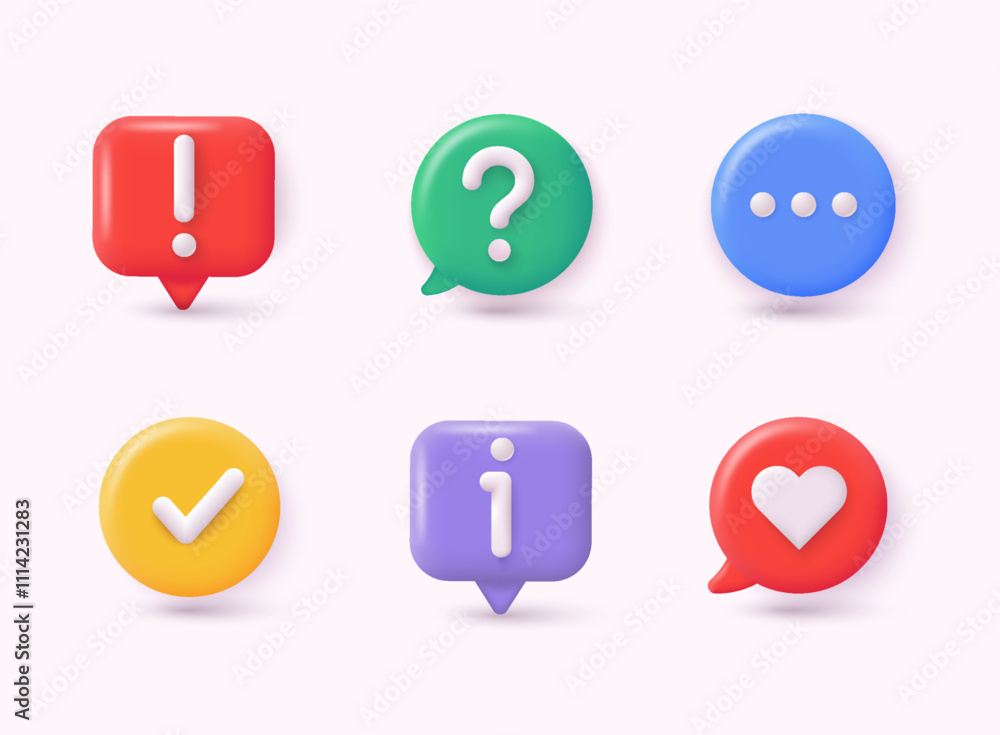 3d icon set of check mark, information icon, chat, heart, question mark ...
