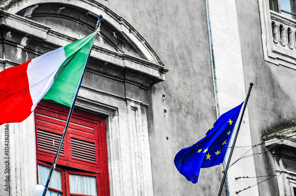 Dirty Italian flag and destroyed European Union flag on historic ...