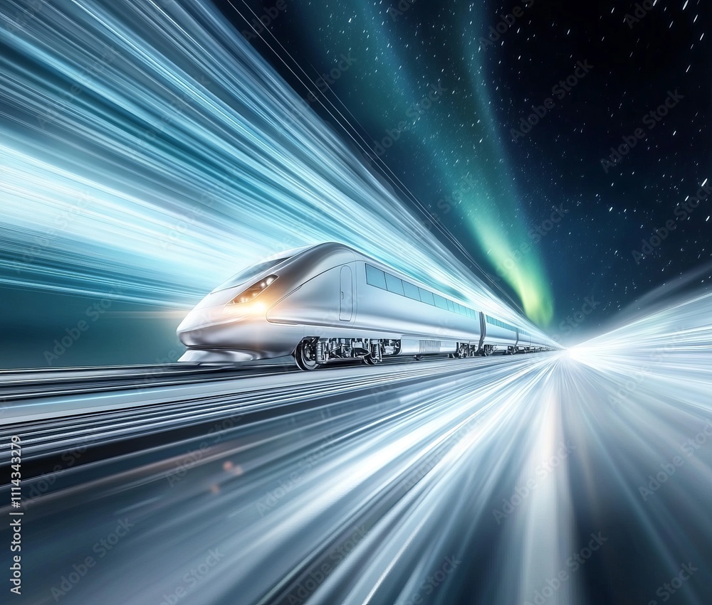 High-Speed Train Blazing Through a Night Sky with Aurora Borealis ...