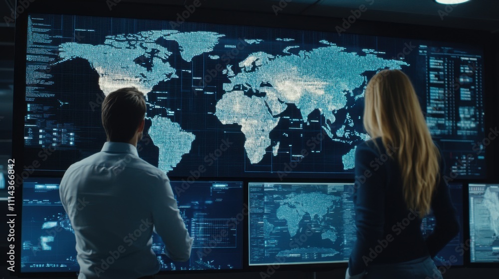 Data Analysts Monitoring Global Cybersecurity Threats In A High Tech Control Room Stock