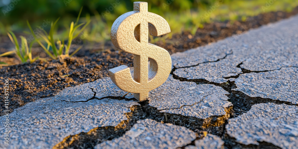 Giant dollar sign on cracking ground symbolizes financial instability ...