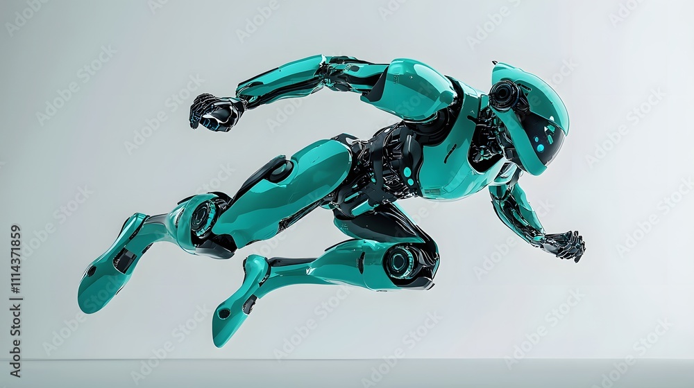Turquoise Robot in a Dynamic Leap on a Grey Surface, Symbolizing ...