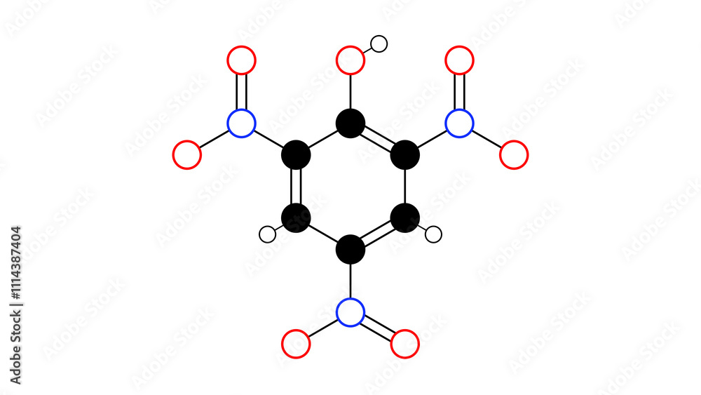 picric acid molecule, structural chemical formula, ball-and-stick model ...