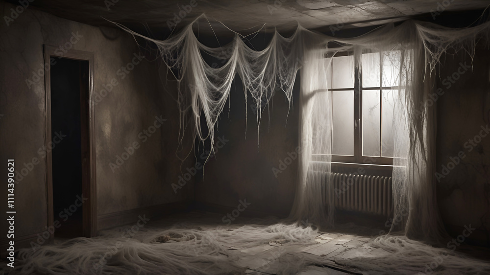 Halloween scary haunted abandoned basement room full of cobwebs and a ...