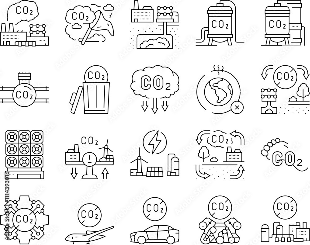 carbon capture co2 storage icons set vector. energy footprint ...