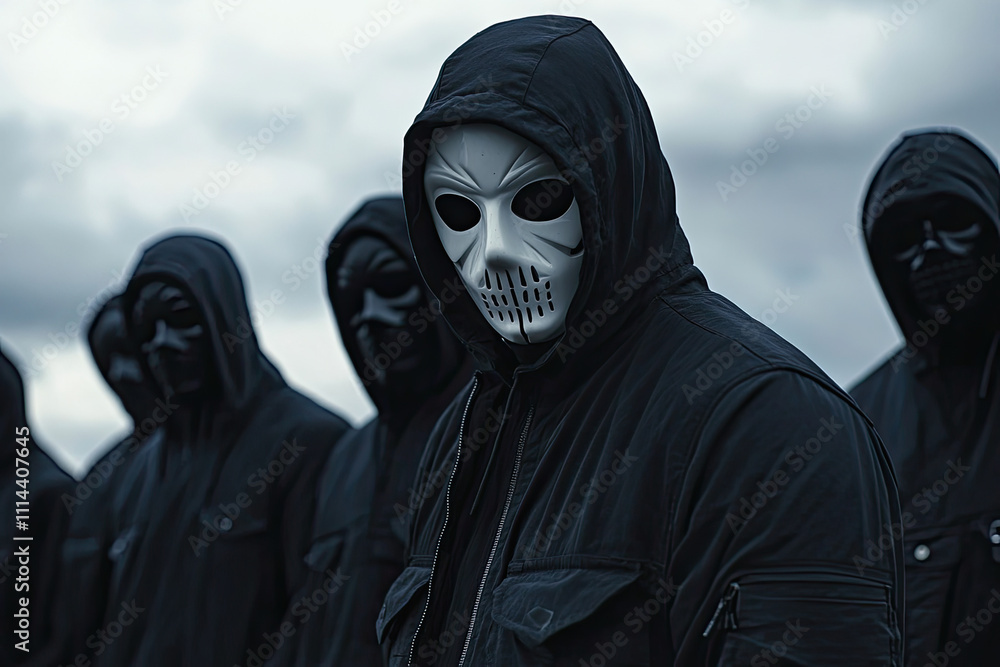 Men in black jackets and masks. Footage. Criminal gang in black plastic ...