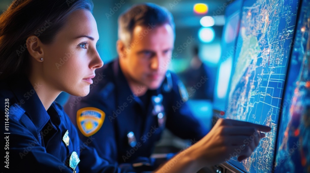 High-tech 911 call center with police officers analyzing glowing ...