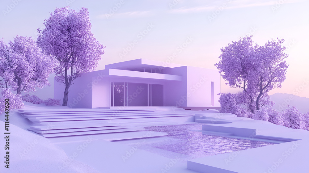 purple tree isolated on the purple background , modern architecture , a ...