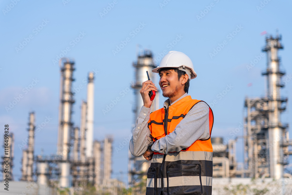 Poster Happy handsome Asian man petrochemical engineer using walkie ...