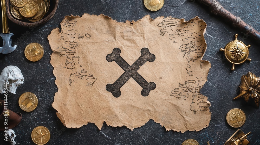 Old map with X marking a treasure, surrounded by gold coins and pirate ...