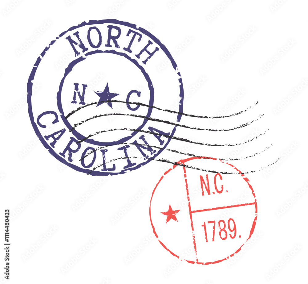 Postal rubber stamps NORTH CAROLINA and NC zip code abbreviation, along ...