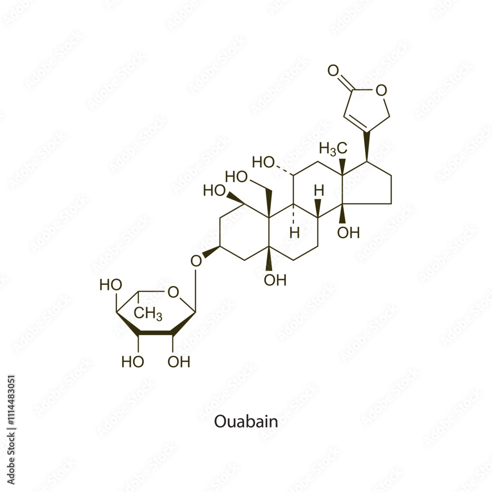 Ouabain flat skeletal molecular structure Digitalis Glycoside drug used ...