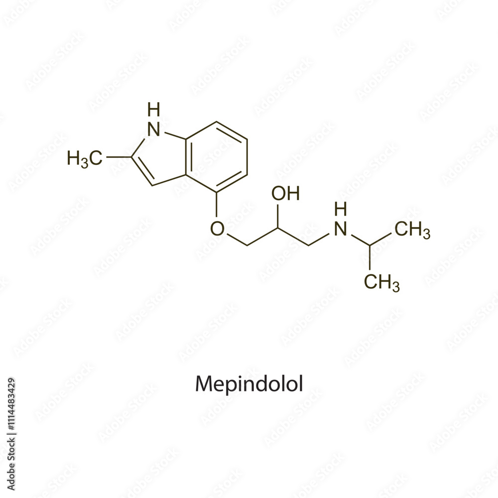 Mepindolol flat skeletal molecular structure Beta blocker drug used in ...