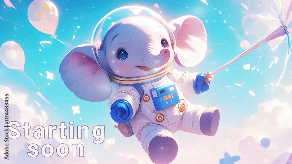 A cute elephant in a spacesuit joyfully floats with balloons. starting ...