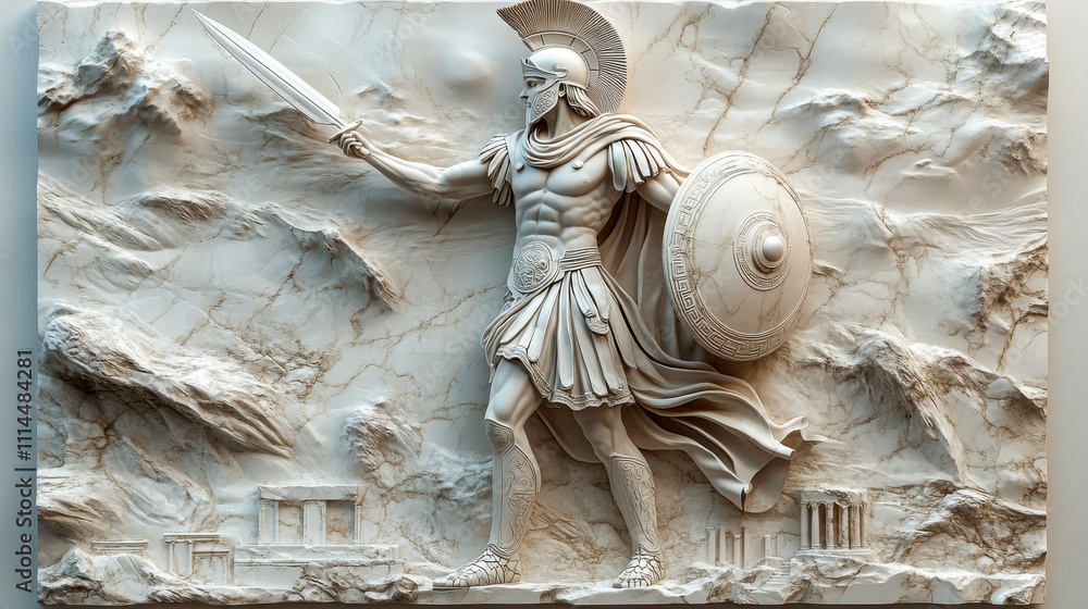 Ancient greek warrior statue in heroic pose with spear and shield in ...