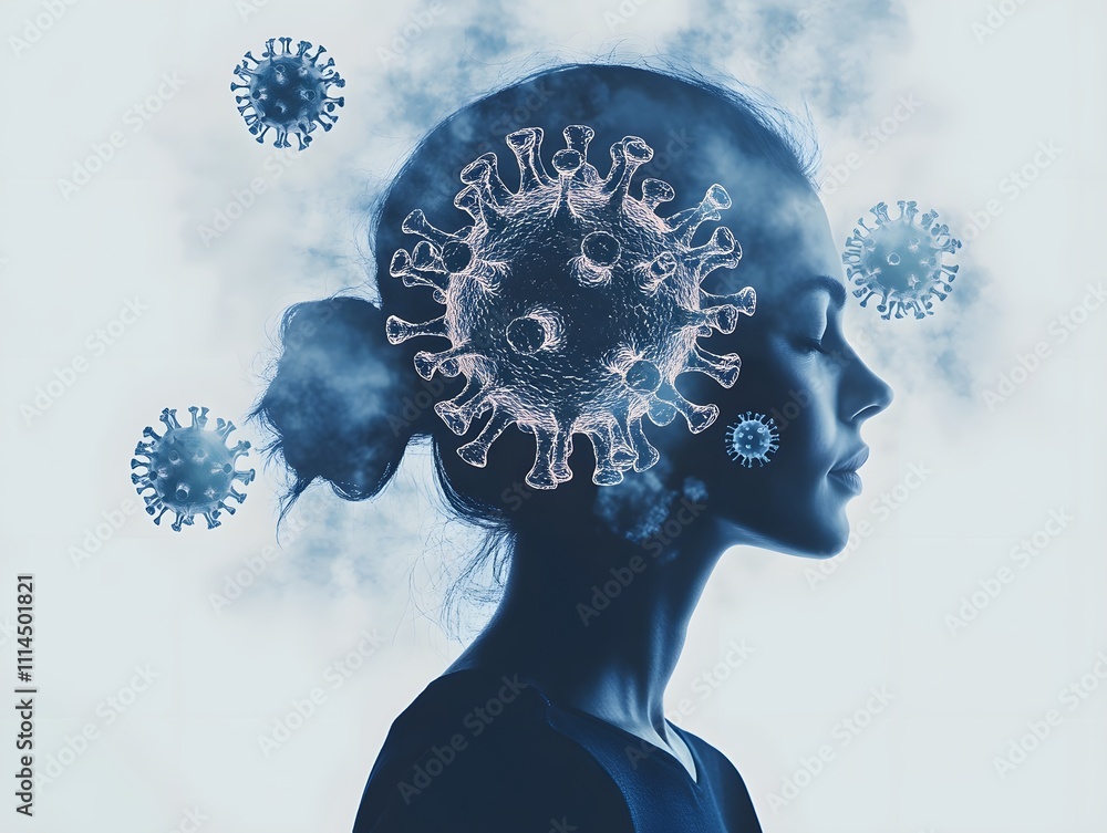 Profile of a woman with digital illustrations of virus particles ...