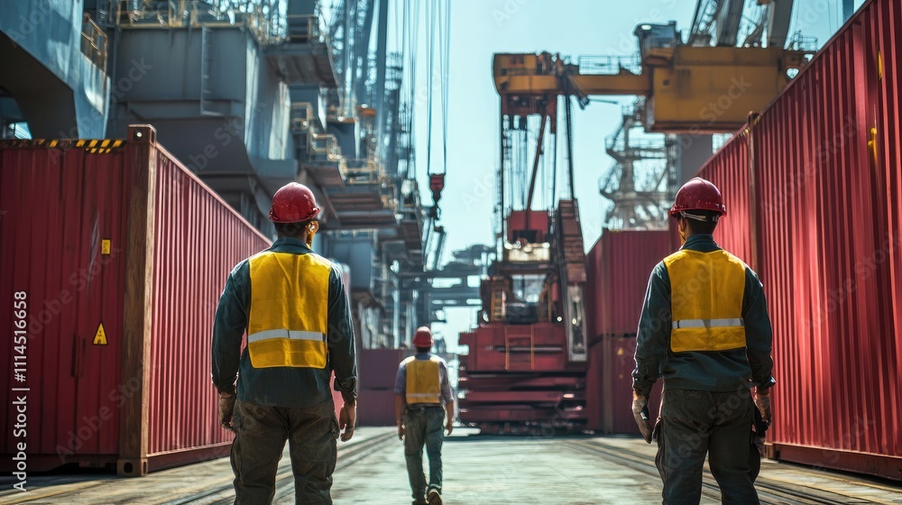 Back view workers guiding cranes in a shipping yard, teamwork and ...