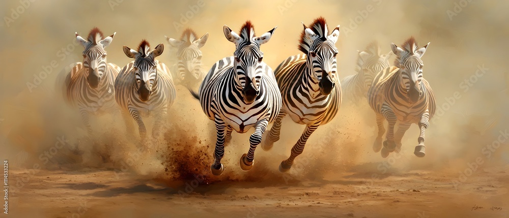 A herd of zebras racing across an expansive golden savanna their ...