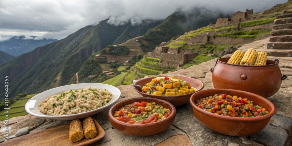 Vibrant traditional Peruvian dishes served outdoors with stunning ...