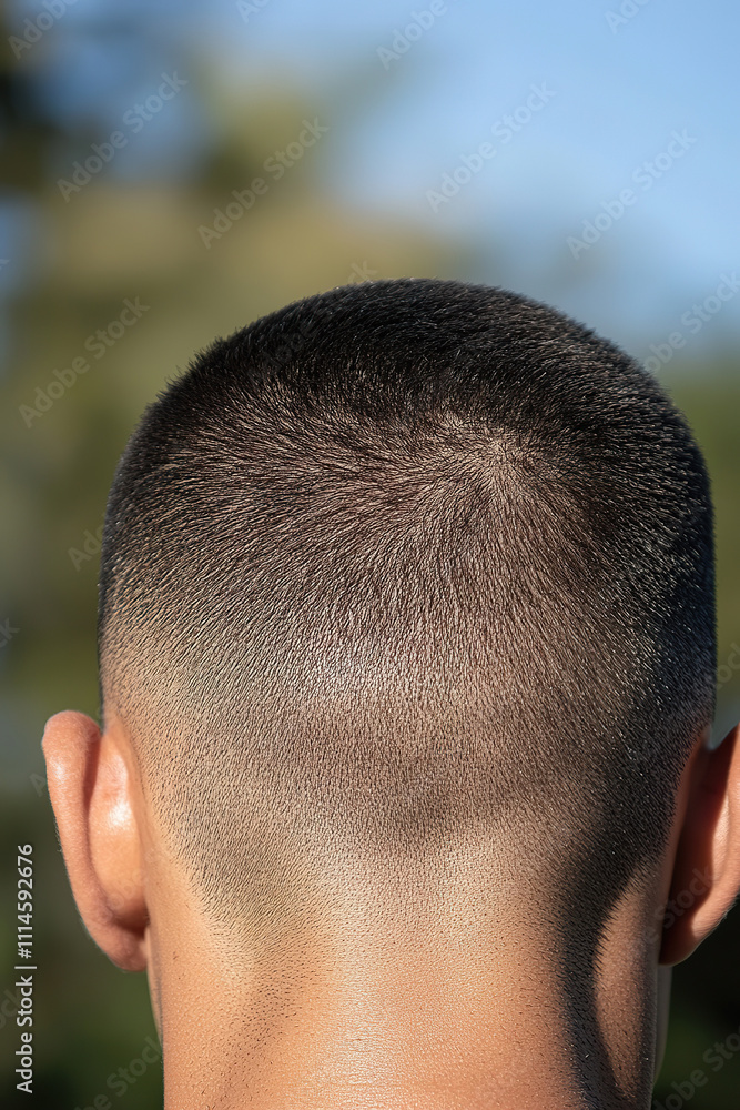 Buzz cut with sharp hairline showcases bold minimalist style in outdoor ...