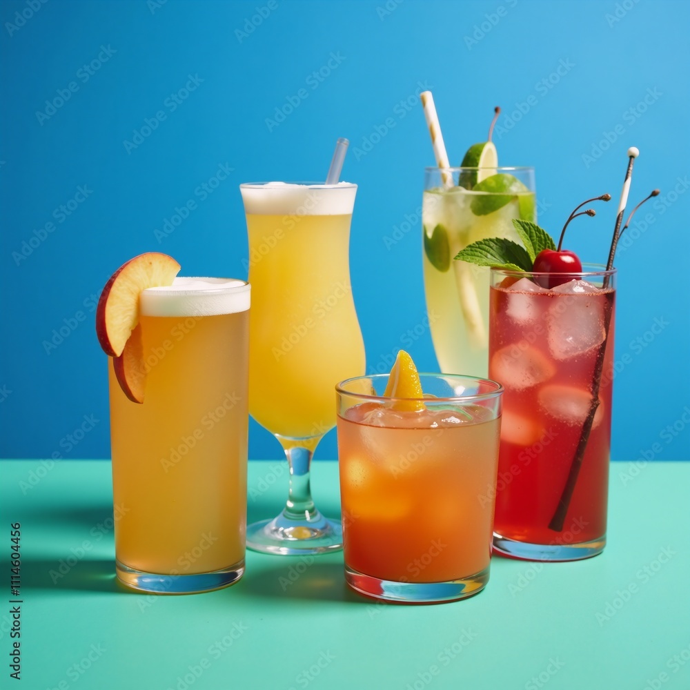 Vibrant tropical beverages showcased in a vivid blue backdrop Peach Tea ...