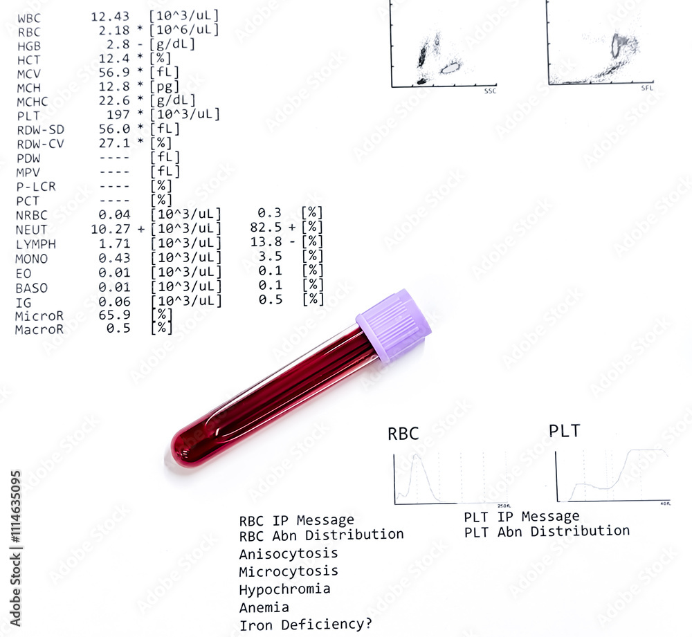 Closeup of blood sample isolated with abnormal CBC report. Anemia ...