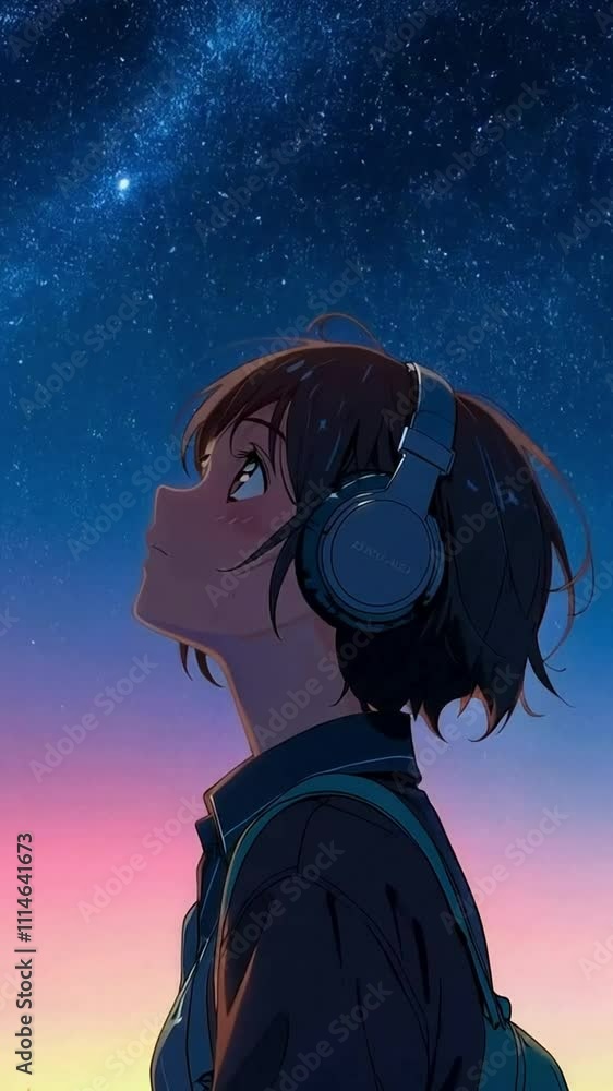anime girl lofi, Lo-fi, 4K resolution, cosmic sky lofi, night, sound ...