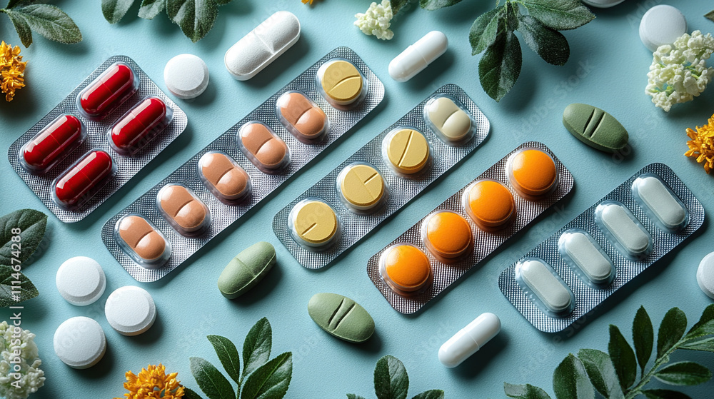 An assortment of flu medicines and throat lozenges neatly displayed on ...