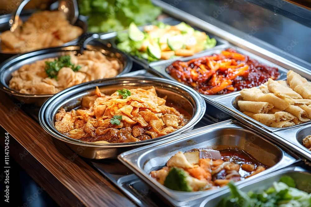 Asian food buffet in restaurant multiple food dishes and salad. Stock ...