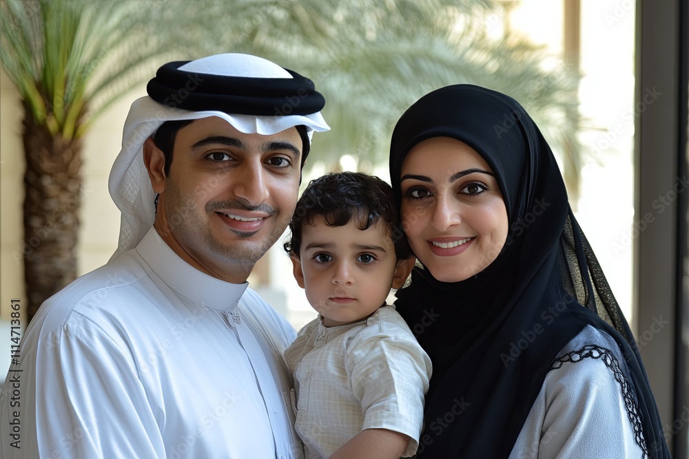 Family, man in white thobe, gutra with agal, woman in black hijab ...