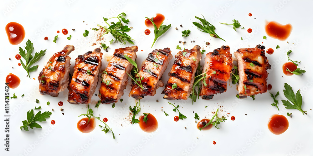 Delicious grilled pork ribs drizzled with BBQ sauce and herbs, isolated ...