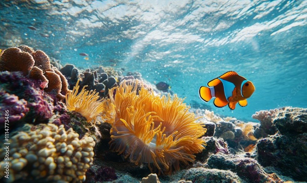 Colorful fish swim among vibrant coral reefs and sea anemones in a ...