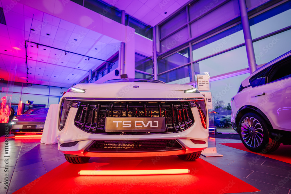 Front view of the Dongfeng T5 EVO showcased in a modern showroom with ...