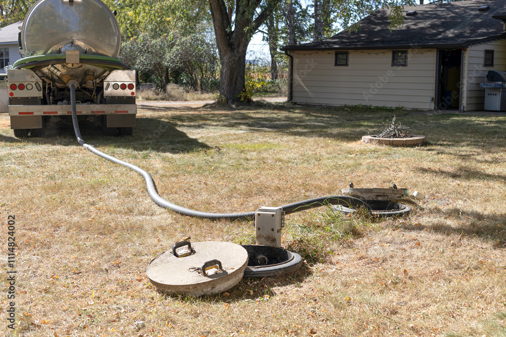 Poster Septic tank maintenance. Vacuum truck pumping septic tank – Wall ...