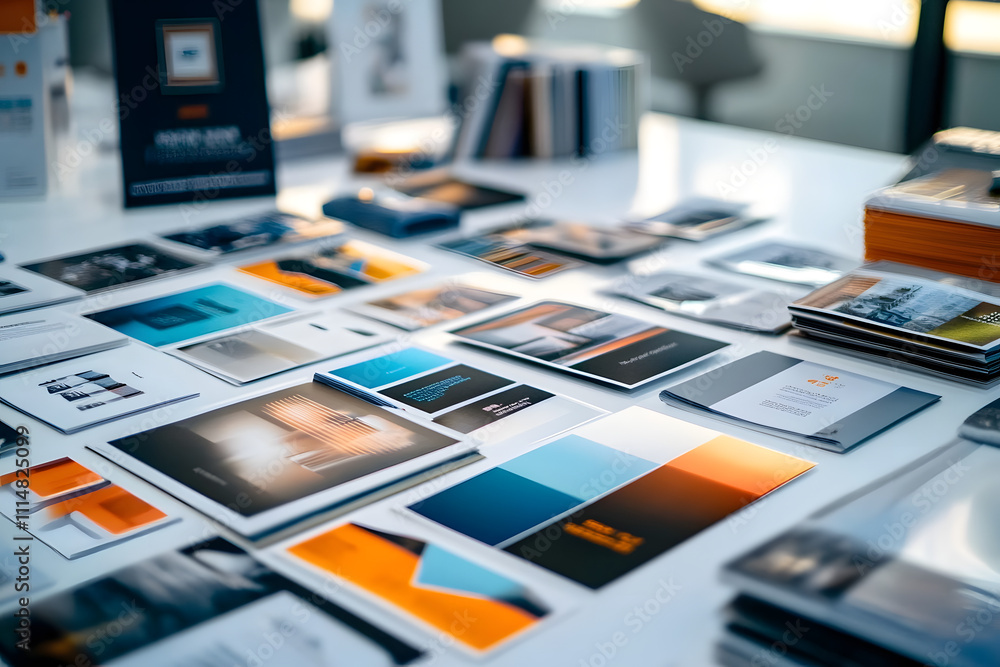 Printed product catalogs and marketing materials laid out on a ...