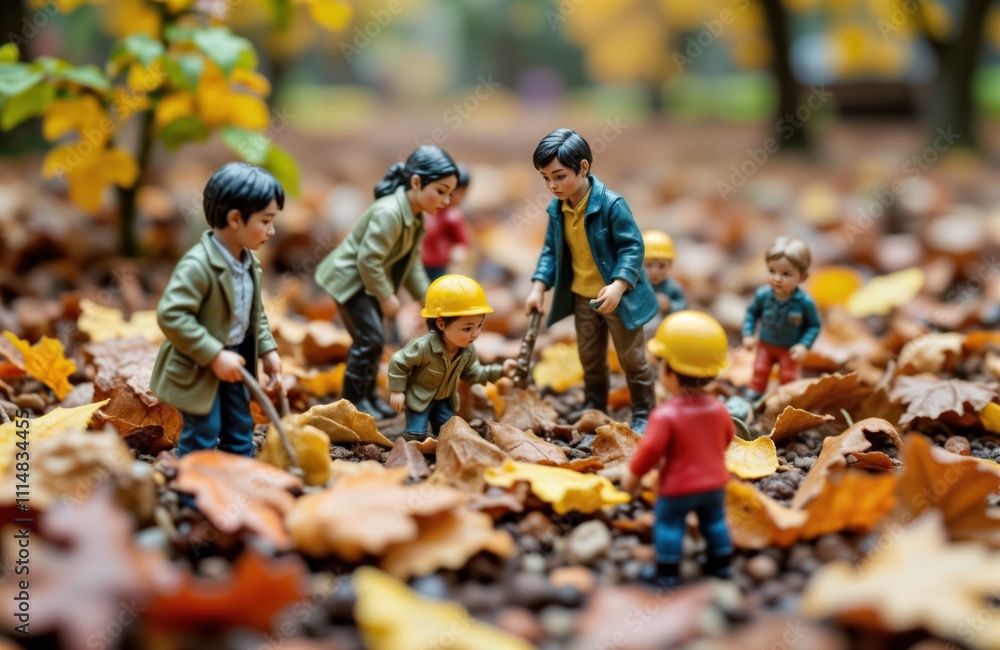 Miniature figures collect autumn leaves. People work together in nature ...